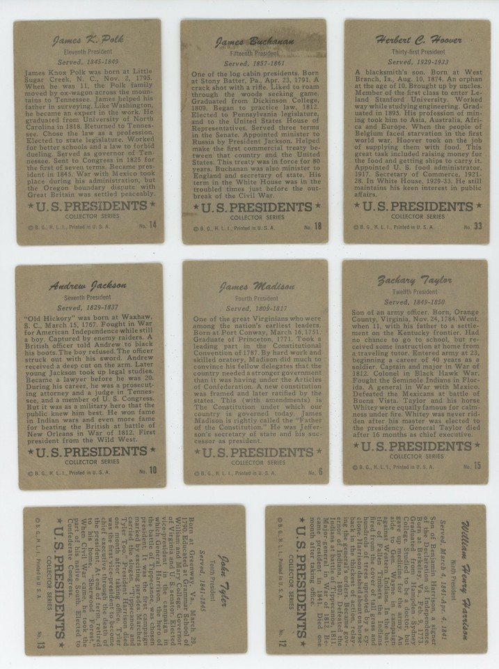 1952 US Presidents Collector Series Vintage Trading Card Lot (18) Low ...