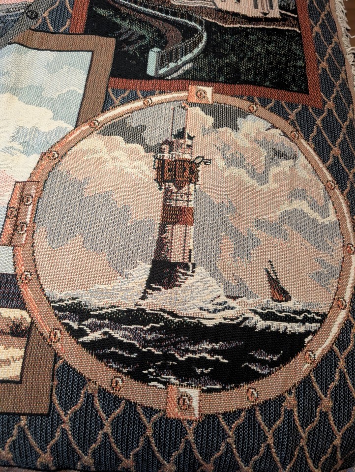 Vtg Crown Craft Lighthouse Woven Tapestry Throw Blanket Fringe Nautical ...