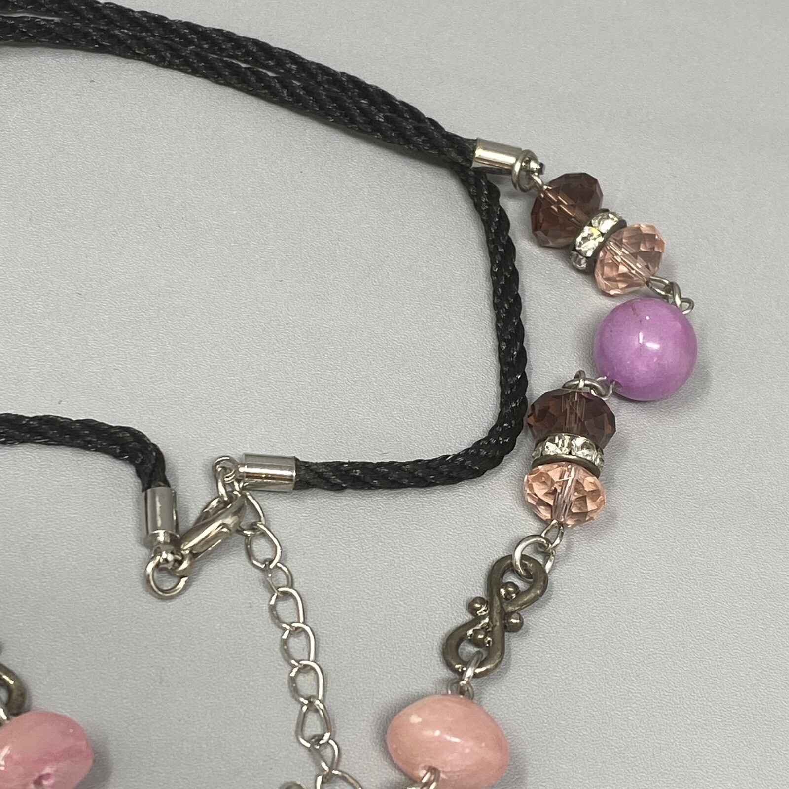 Crystal Pendant Necklace Pink Aurora Boreas & Stone Beads Cord Chain ...