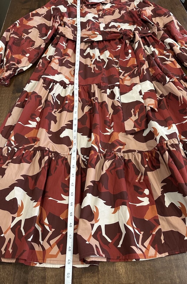 Fantastic Fawn Womens Sz M Horse Print Dress Poplin Midi Tiered ...