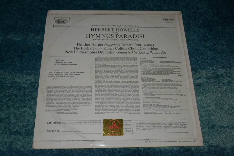 Herbert Howells~Hymnus Paradisi~Heather Harper~Robert Tear~King's College Choir | eBay