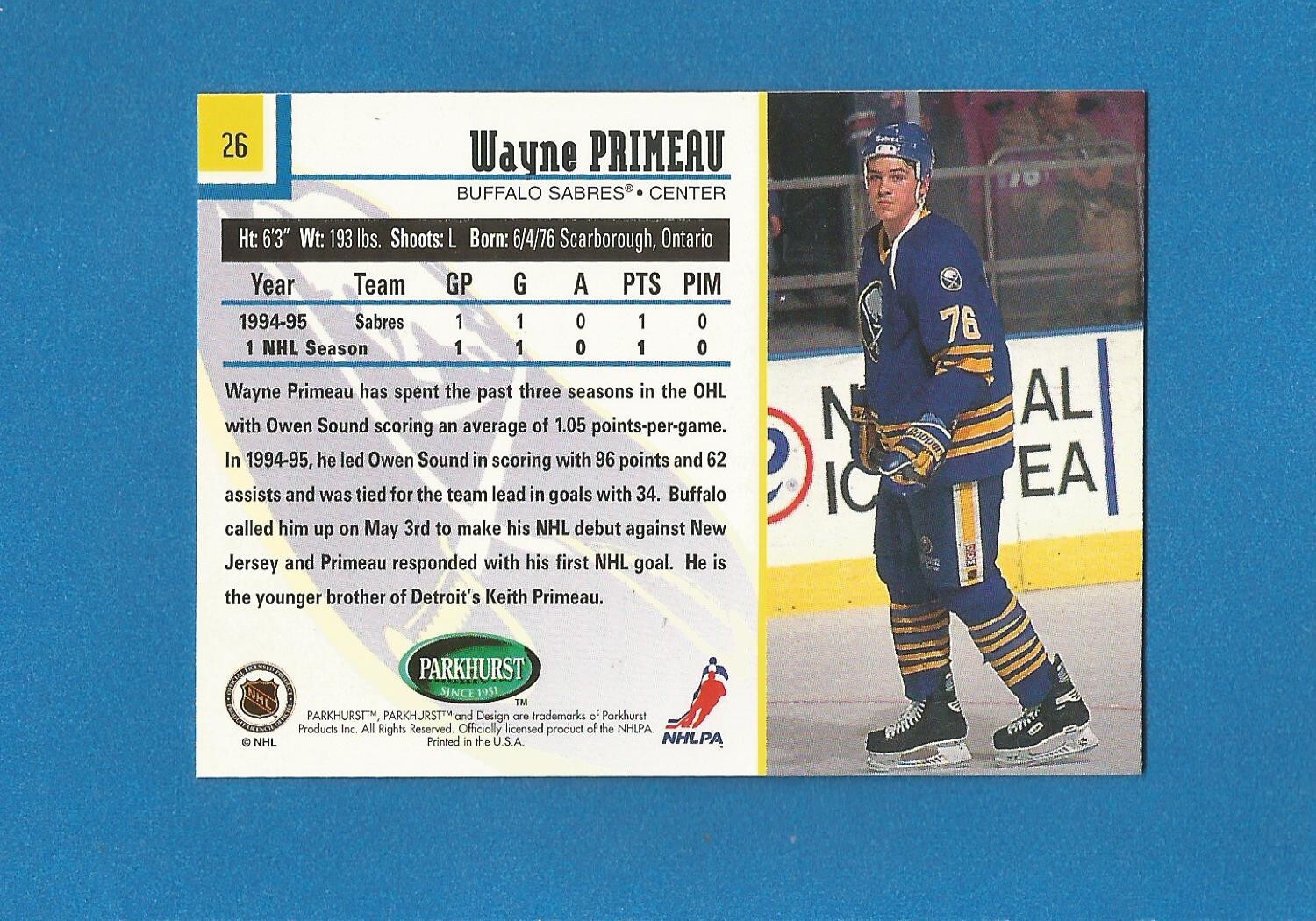 Wayne Primeau RC 1995-96 Parkhurst International Hockey Emerald Ice #26 ...