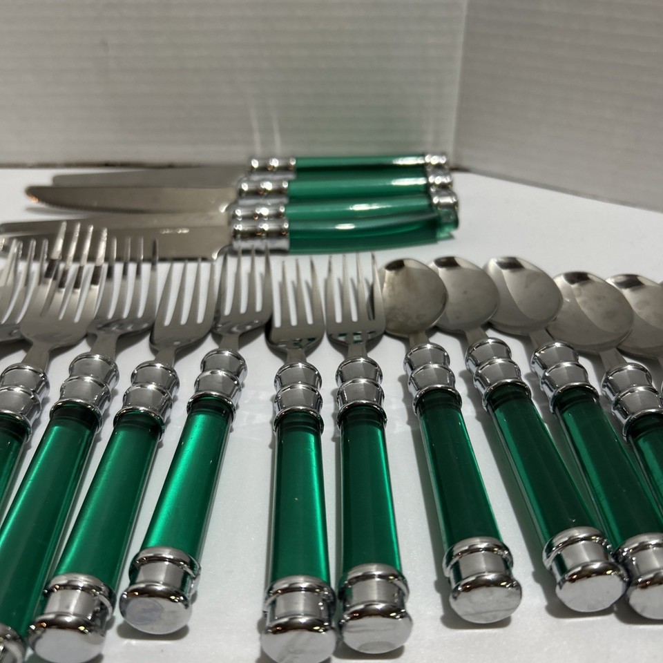 24 Piece Flatware Set Stainless Steel with Clear Lucite Acrylic Plastic ...