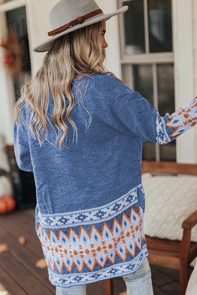 Women Blue Aztec Print Open Front Knitted Cardigan | eBay