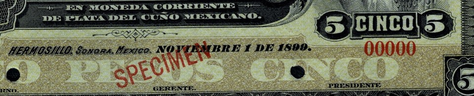 1899 Mexico Antique $5 Pesos"SPECIMEN" Banco De Sonora PMG 65 | eBay