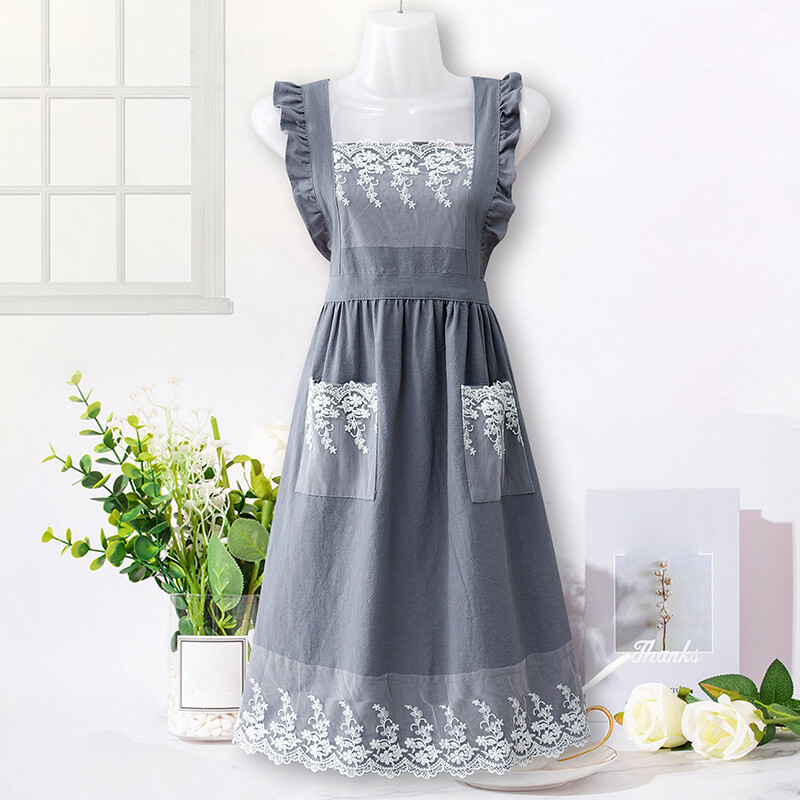 Lady Cotton Blend Apron Smock Lace Patchwork Pocket Painting Baking ...