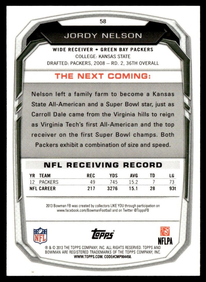 2013 Bowman Black Jordy Nelson Green Bay Packers #58 | eBay