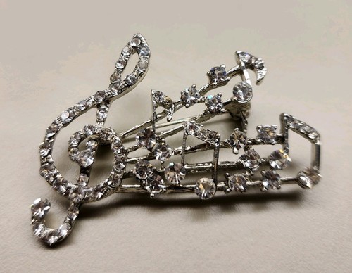 Vintage Treble Clef Musical Note Brooch Pin Sparkling Clear Rhinestones ...