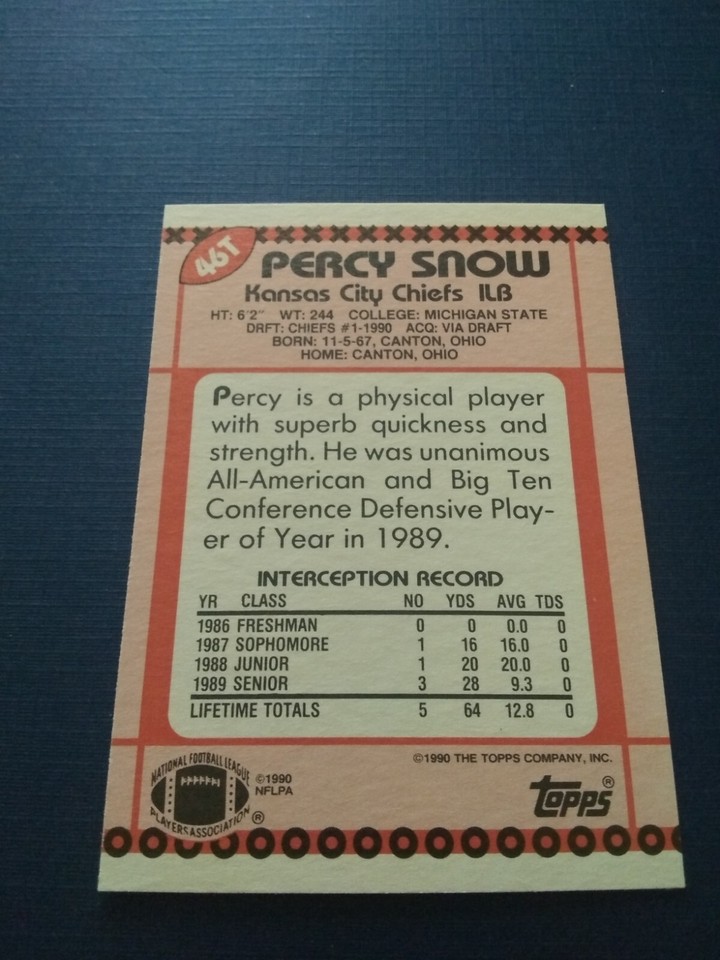 1990 Topps Traded Football Percy Snow Rookie Card #46T Set Break NM-MT ...