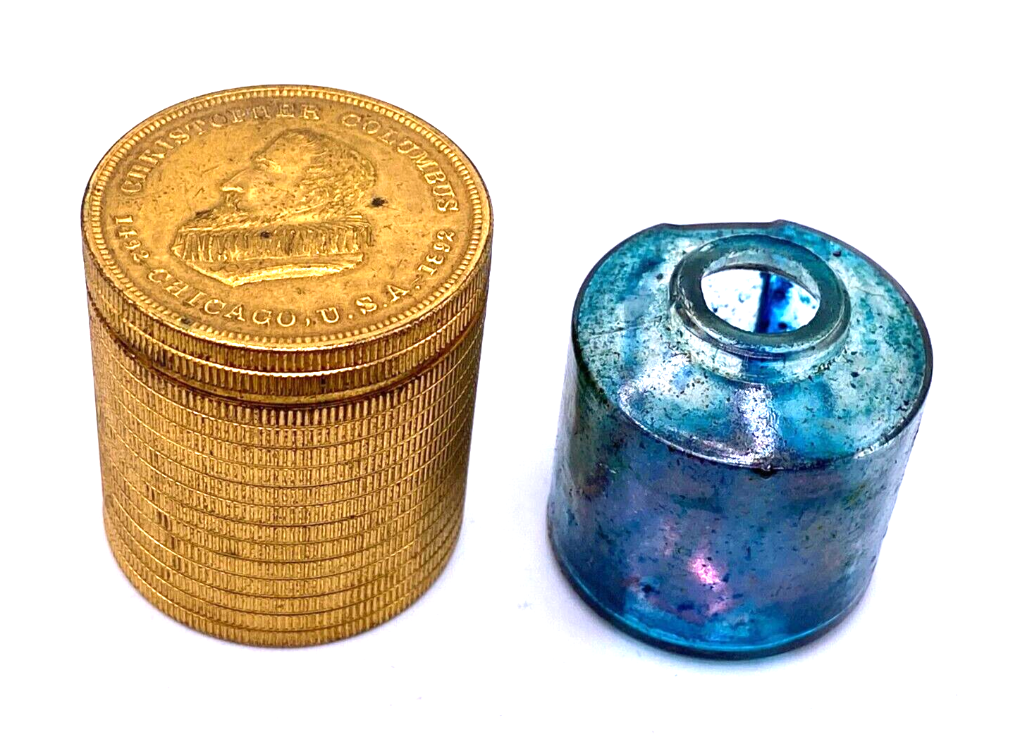 Antique portable inkwell World's Columbian Expo. Columbus 1892 coins w ...