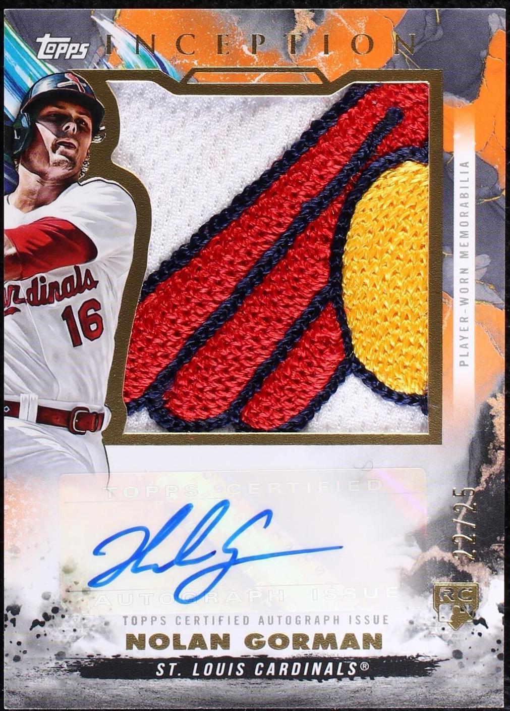 2023 Topps Inception - Inception Autograph Jumbo Patch Nolan Gorman #IAJP-NG Orange /25 (AU, MEM ...