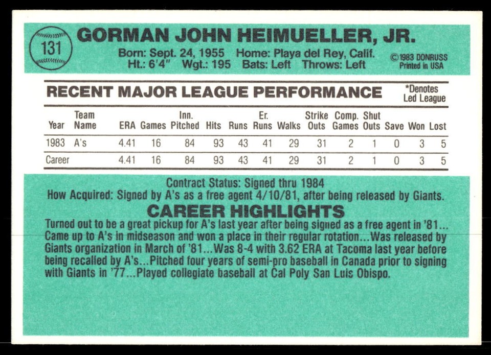 1984 Donruss 131 Gorman Heimueller Oakland Athletics RC Baseball Card ...