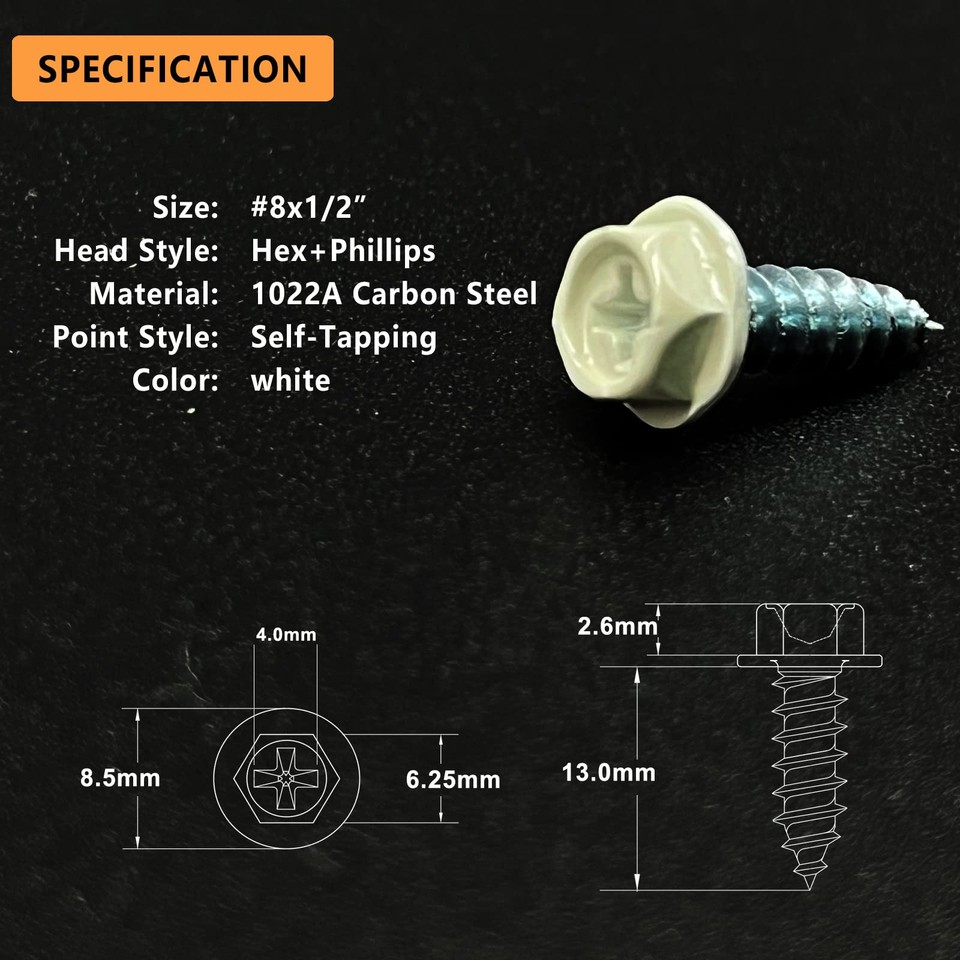 Allkeen Self-Tapping Gutter Screws White Painted Hex Head #8 x 1/2 ...