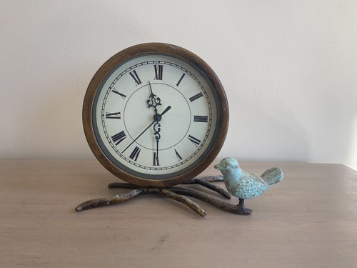BIRD AQUA BLUE ENAMELED METAL SHABBY CHIC COUNTRY COTTAGE MANTLE CLOCK ...