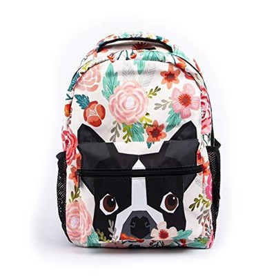 Boston Terrier Dog Florals School Backpack Colorful Flower Pug Bookbag ...