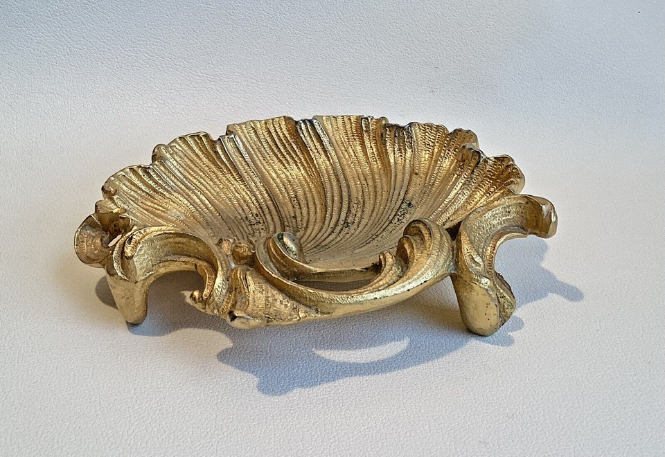 SHERLE WAGNER Vintage SOAP DISH Rococo SHELL Footed Gold Plated Brass w ...