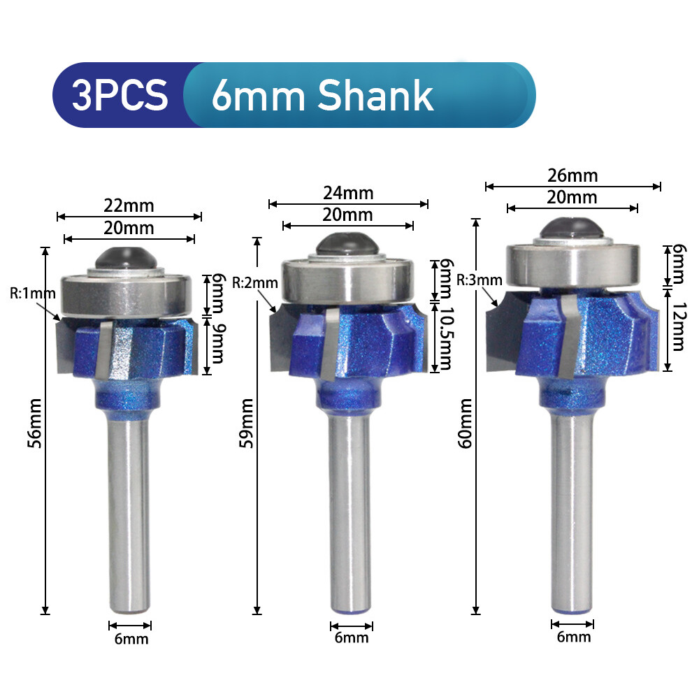 1PC/3PCS Round Over Edge Profile Router Bit 1/2/3mm Radius, 6/8mm 1/4 ...