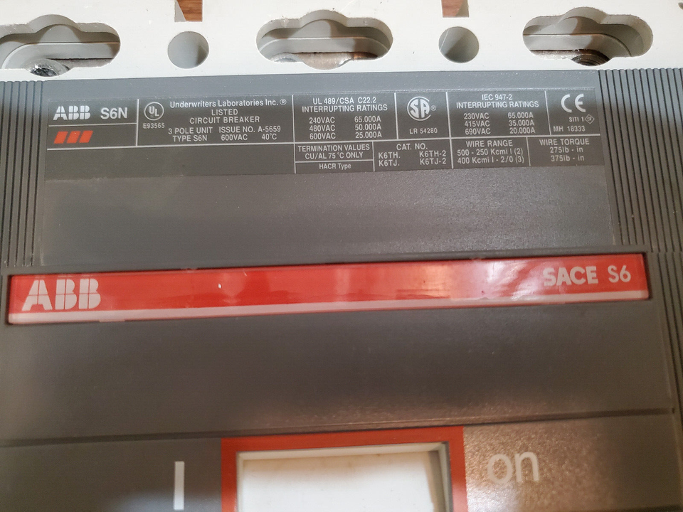 ABB SACE S6 Circuit Breaker S6N600BL AS 3P 600 A 600V w/Aux Switch ...