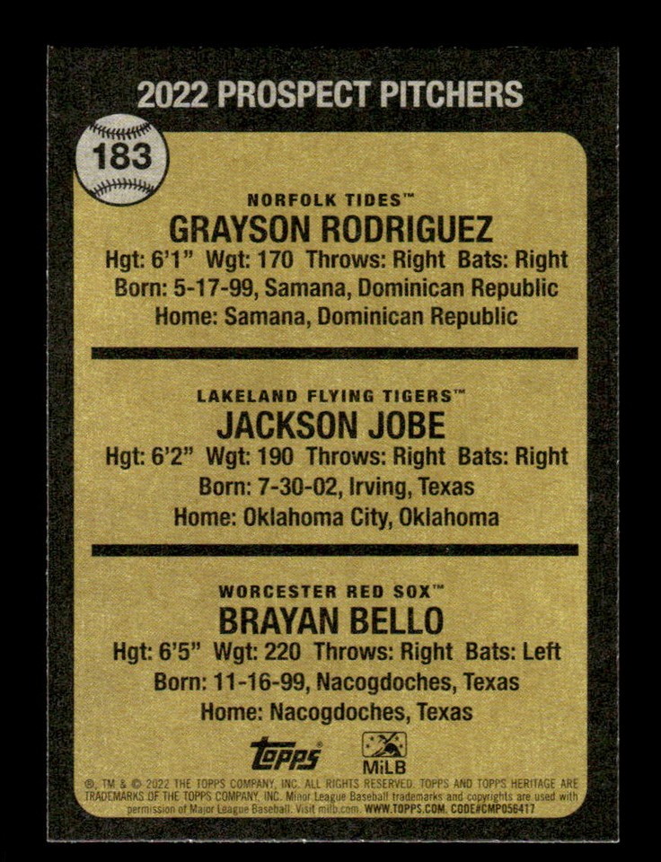 2022 Topps Heritage Minor League Grayson Rodriguez / Jackson Jobe ...