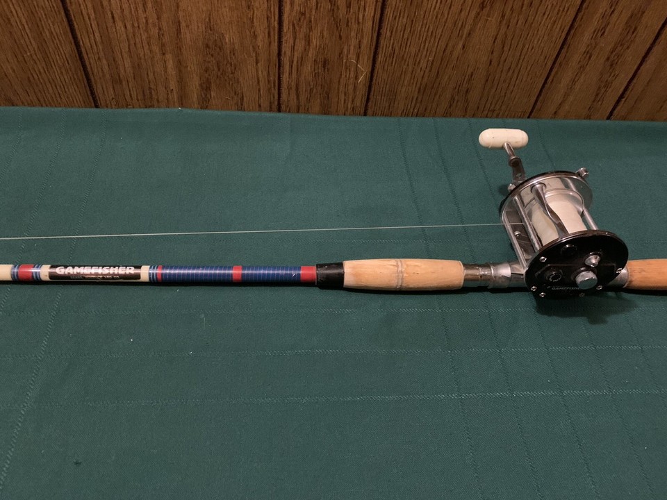 Vtg Antique GAMEFISHER Big Game Fishing Rod & Reel Combo #157 Sears ...