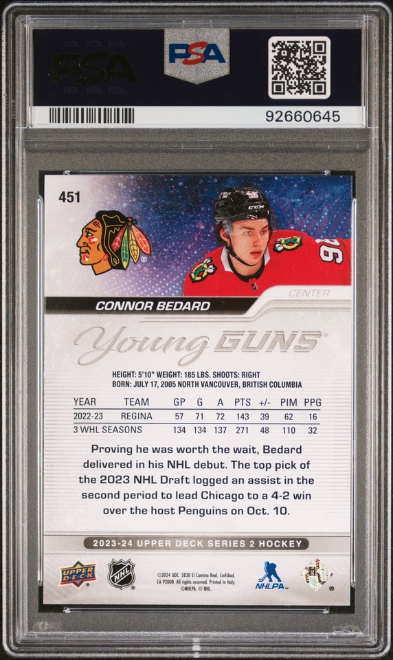 PSA 10 2023 Upper Deck Connor Bedard Young Guns Rookie RC #451 | eBay