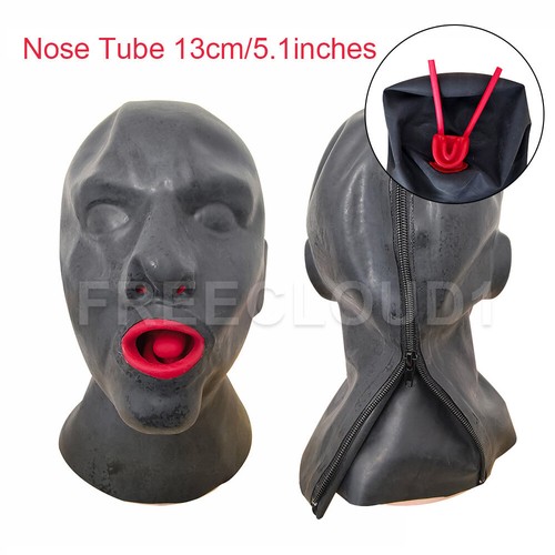 0.7MM Latex Mask w/Red Teeth Gag 13cm Nose Tube Rubber Hood Fetish ...