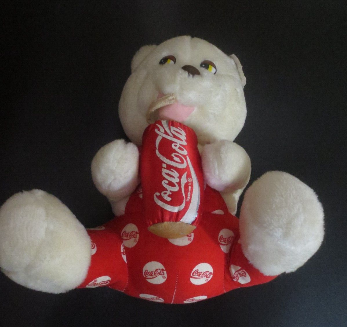 Coca-Cola stuffed Bear drinking a can of coke wearing Coca-Cola ...