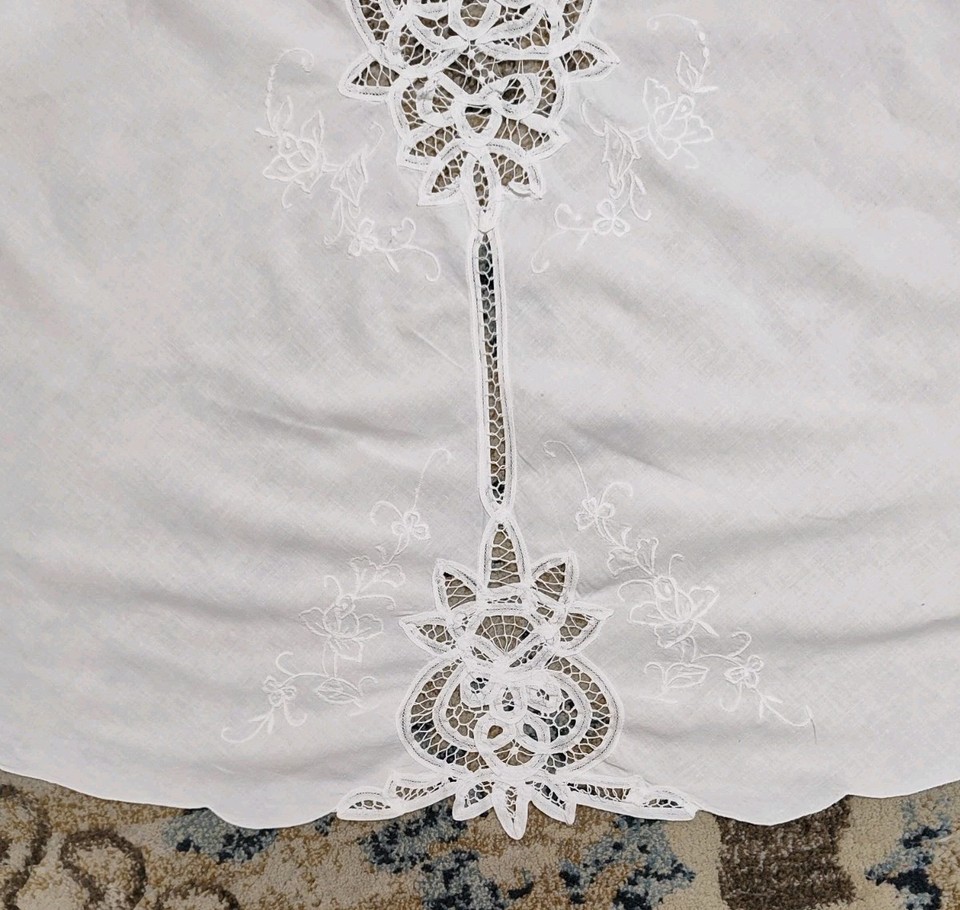 Vintage Battenburg Lace Tablecloth White Embroidery Round 59" Linen ...