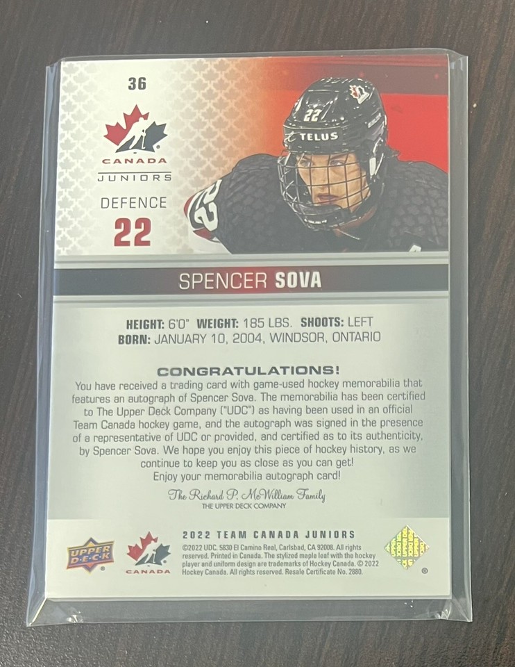 2022-23 UPPER DECK WORLD JUNIORS PREMIUM MATERIALS AUTO SPENCER SOVA /199 2COL | eBay