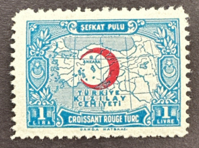Turkey 1944 Sc# RA35B Red Crescent Postal Tax Stamp MH OG Map Series 7 ...
