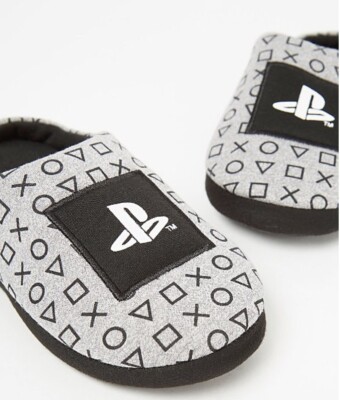 Official PlayStation Grey Black White Logo Boys Slippers mules UK Size ...