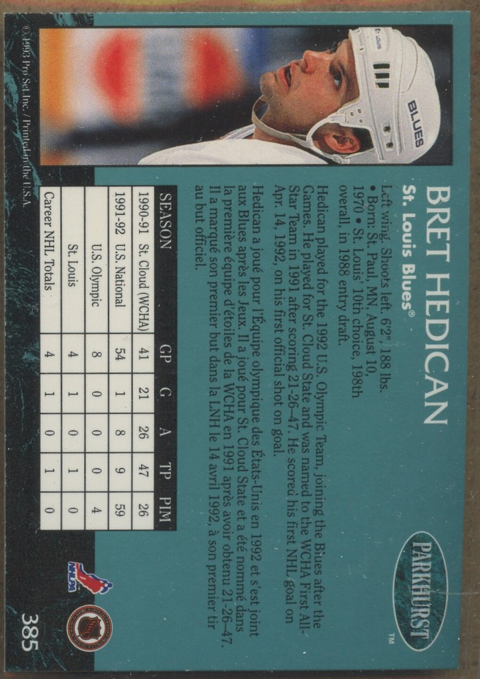 1992-93 Parkhurst #385 Bret Hedican Quebec Nordiques Rookie | eBay