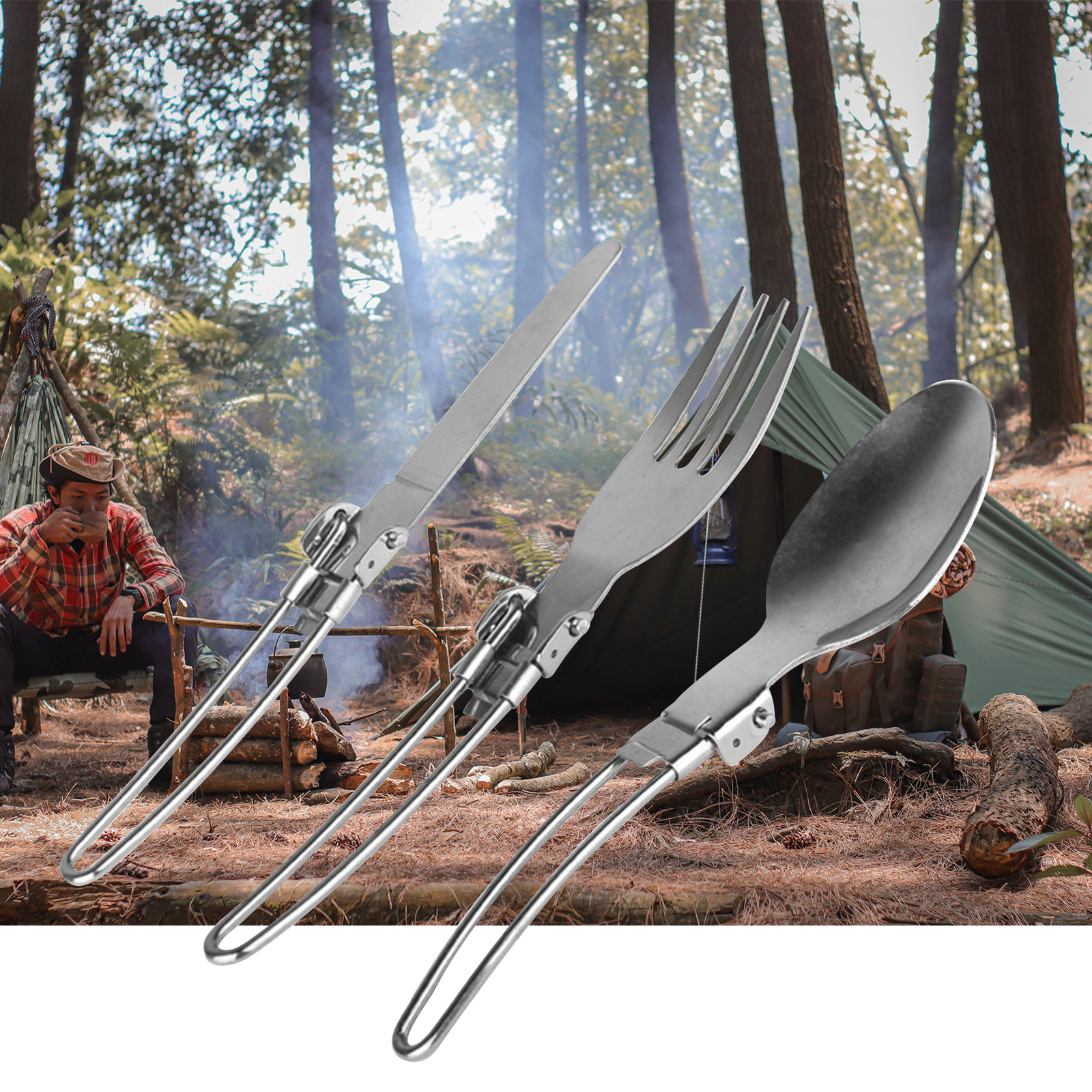 3PCS Folding Fork Spoon Set Foldable Cutlery Set Stainless Steel I5P4 ...