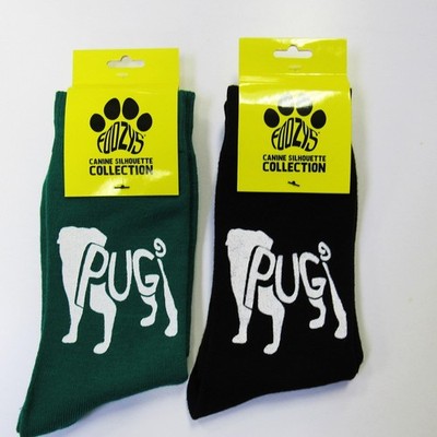 2 Pairs Foozy's PUG Dog Silhouette Novelty Crew Socks Dog Print Socks ...