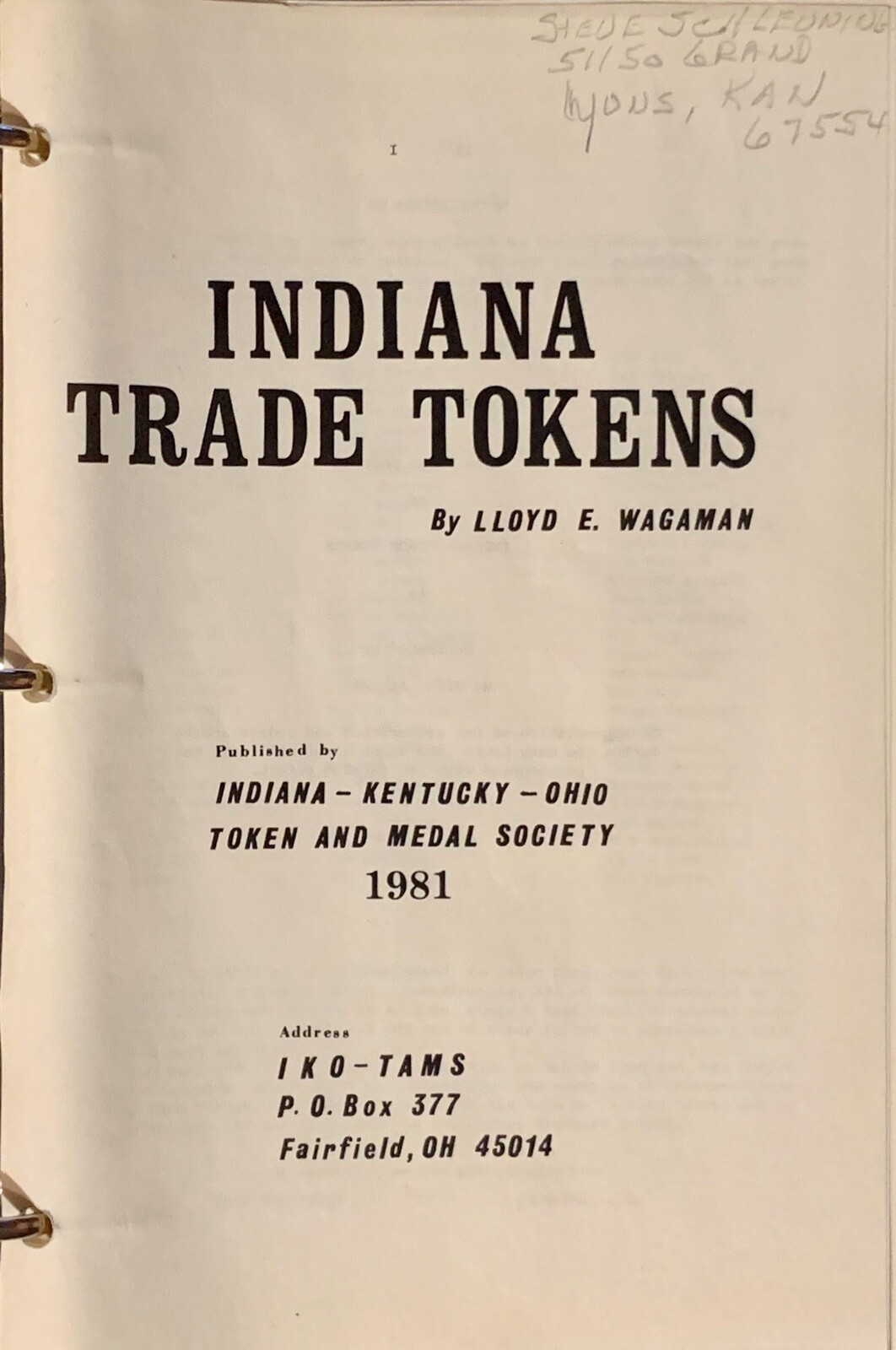 Indiana Trade Tokens by Lloyd E. Wagaman,(1981 IKO-TAMS) Merchant/good ...
