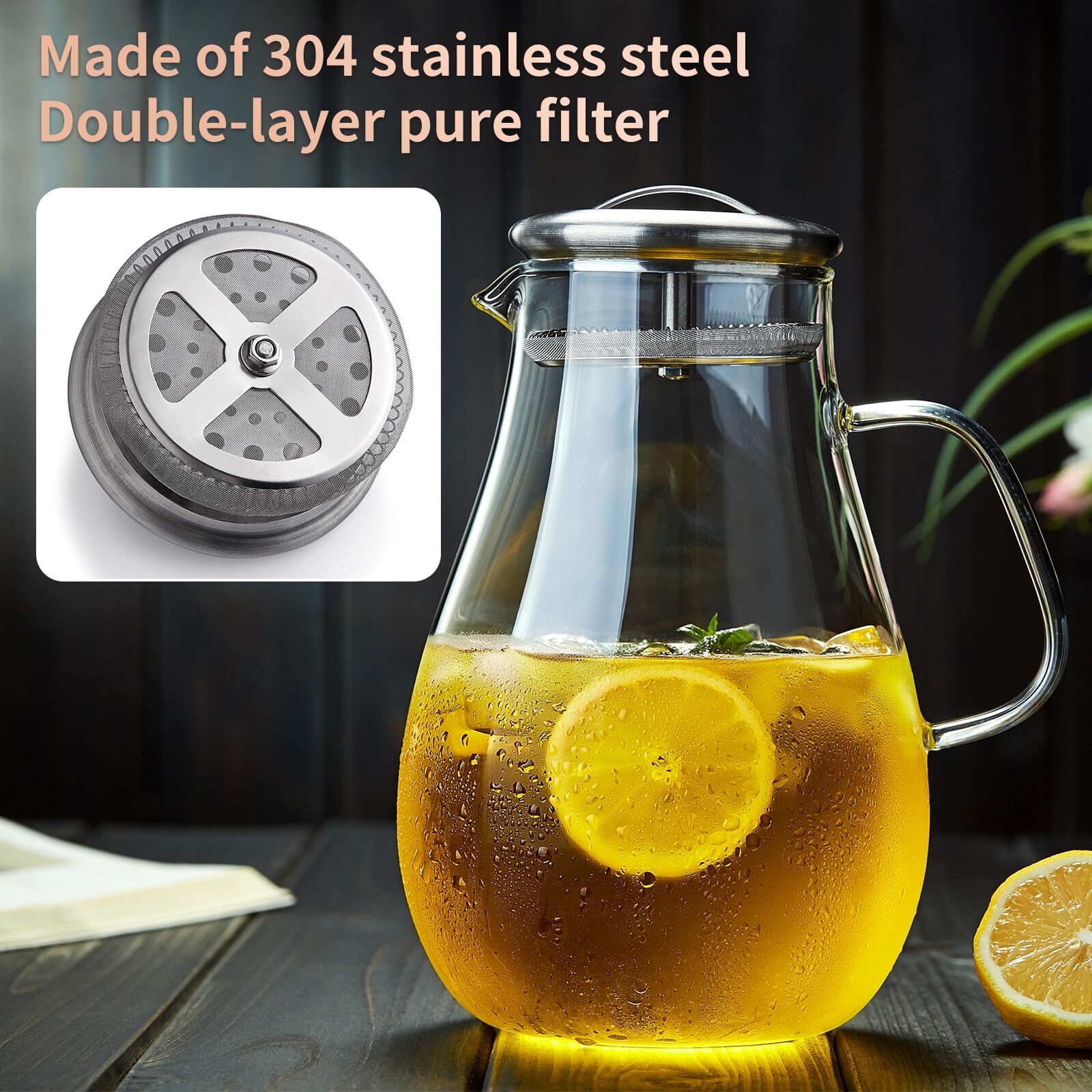 Glass Pitchers with Handle and Lid Removable Double Stainless Steel ...