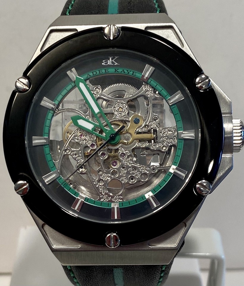50mm Auto Green Skeleton Silvertone | Black Strap ADEE KAYE Mens ...