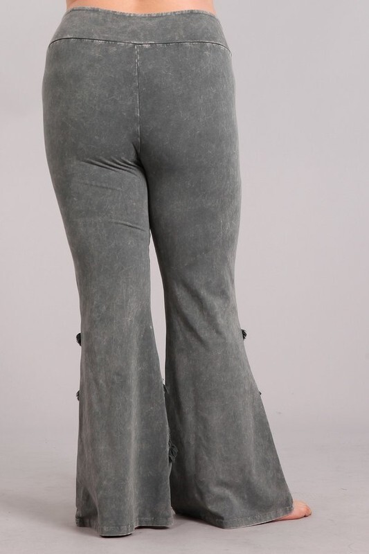 Plus Size Mineral Wash Fringed Bell Bottom Taupe Grey 1XL | eBay