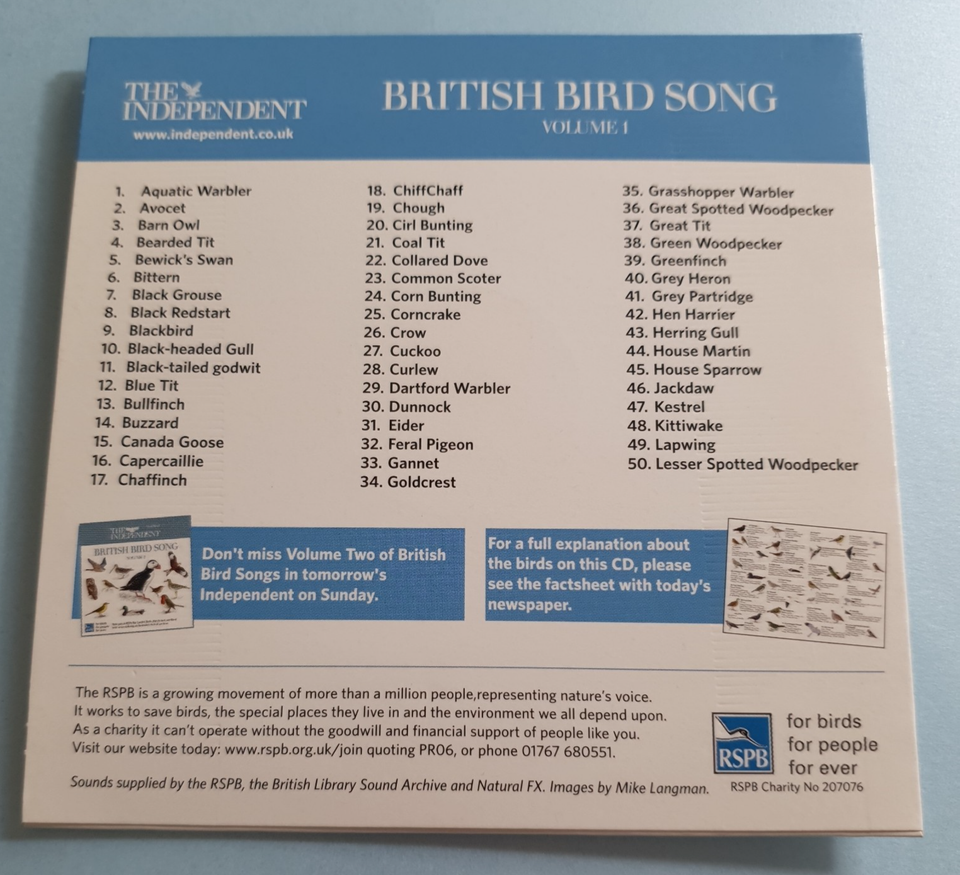 British Bird Songs - Volume 1 - 50 Bird Sounds/Songs - Promo Audio CD ...