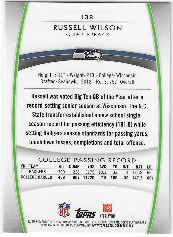 2012 TOPPS #165 RUSSELL WILSON RC SEATTLE SEAHAWKS MINT | eBay