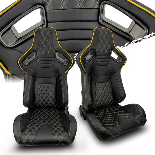 Black PVC Leather Yellow Stitch Left Right Recaro Style Racing Seats ...