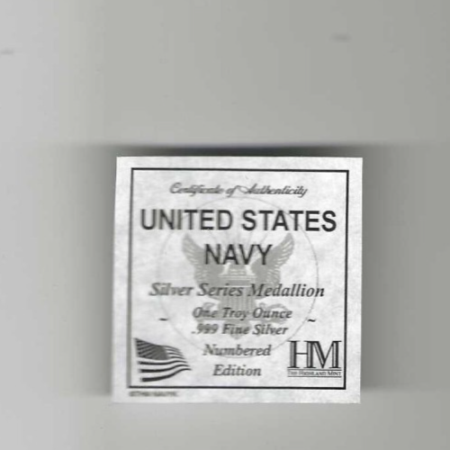 UNITED STATES NAVY HIGHLAND MINT I TROY OUNCE .999 FINE SILVER ...