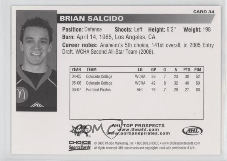 2007-08 Choice AHL Top Prospects Brian Salcido #34 0a4 | eBay UK