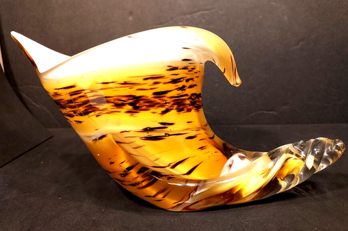 Heavy Cased Glass Murano Style Yellow Brown Swirl Twist Conch Shell ...