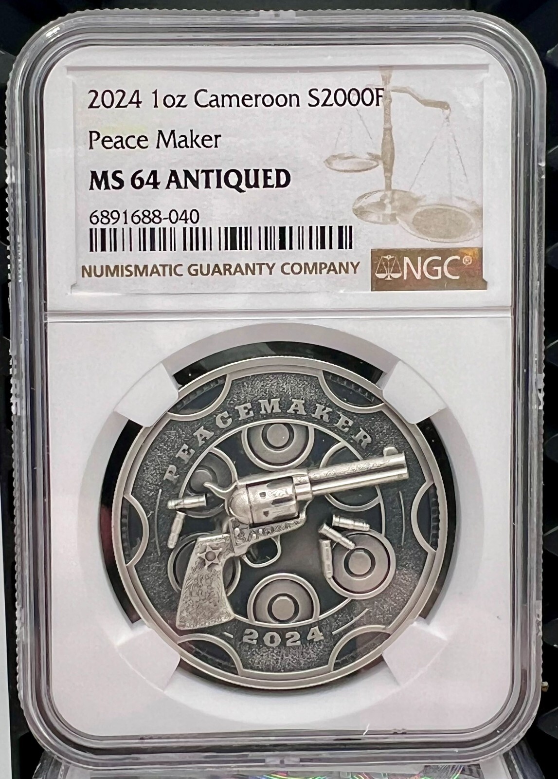 2024 Cameroon Peacemaker Revolver Gun 1 oz .999 Silver Coin - NGC MS 64 ...