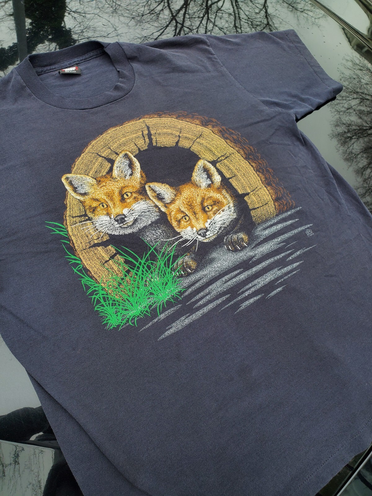 Vintage 89 Red Foxes In A Log, Fox, Carnivora T Shirt… - Gem