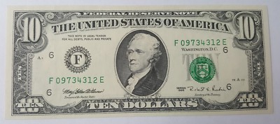 1995 $10 Bill American Currency Ten Dollar Federal Reserve Note USA ...
