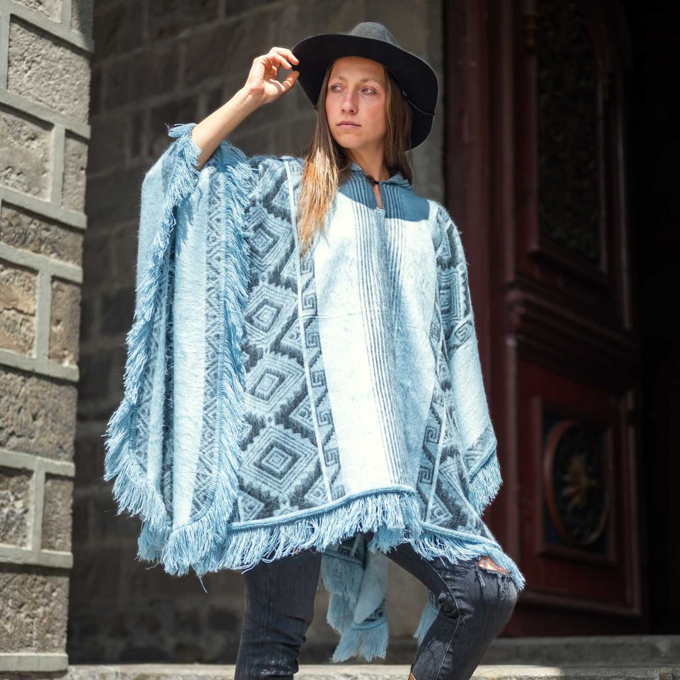 LIGHT BABY ALPACA WOOL HOODED PONCHO FRINGE UNISEX HANDMADE SKY BLUE ...