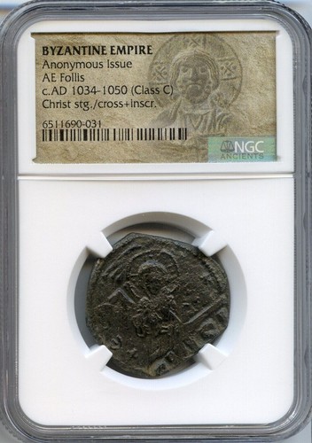 BYZANTINE EMPIRE AE Follis Christ stg./cross+inscr. c.AD 1034-1050 ...