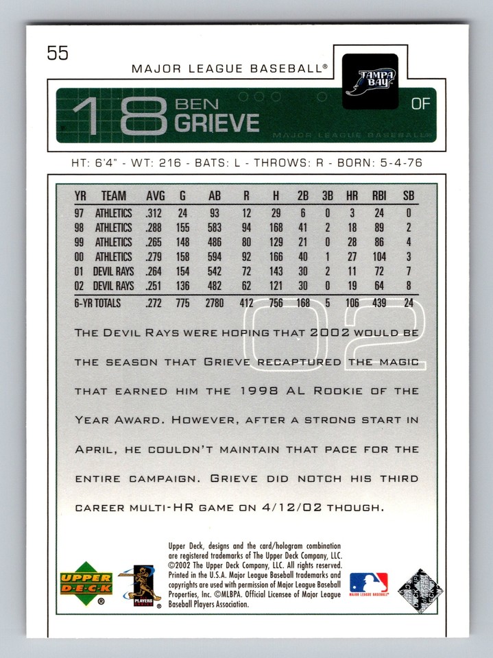 2003 Upper Deck #55 Ben Grieve Tampa Bay Devil Rays Baseball Card | eBay